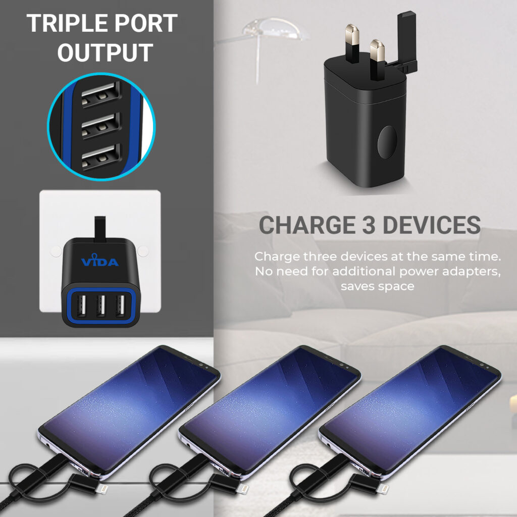 Vida IT VS1 Fast 3-Port USB Wall Charger 5V 3.1A Mains Adapter (UK Plug ...