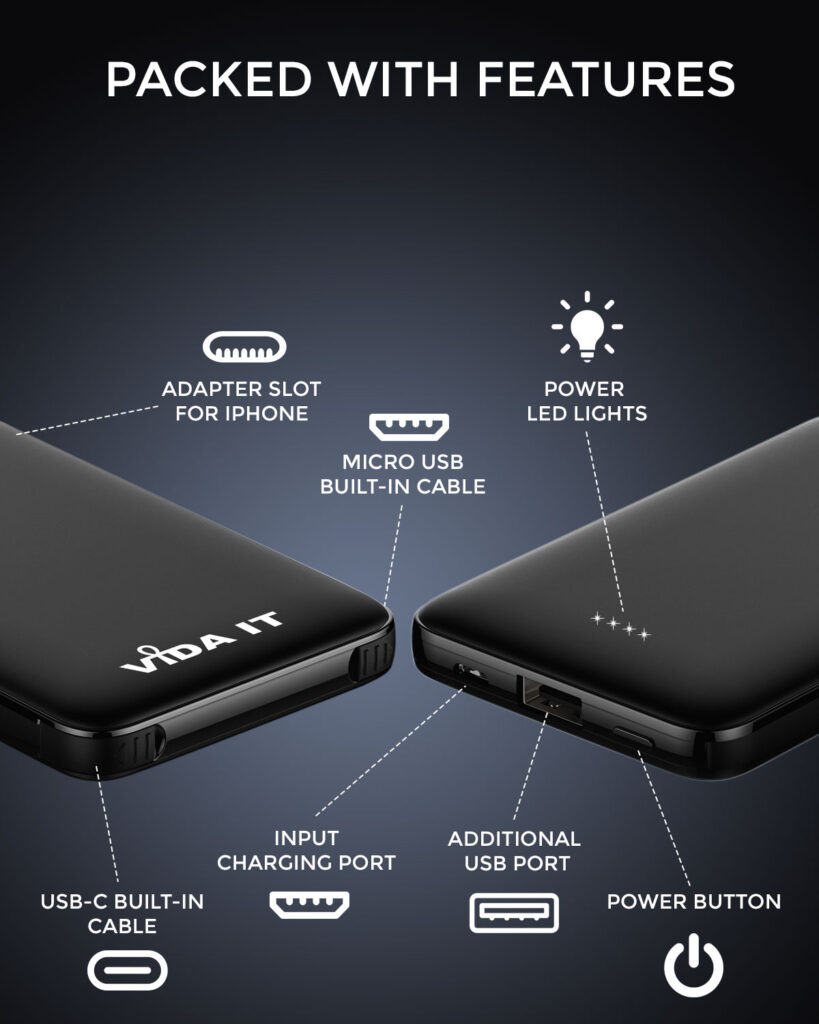 Vida IT vBot 5000mAh Power Bank Portable Charger with Built-In Cable ...